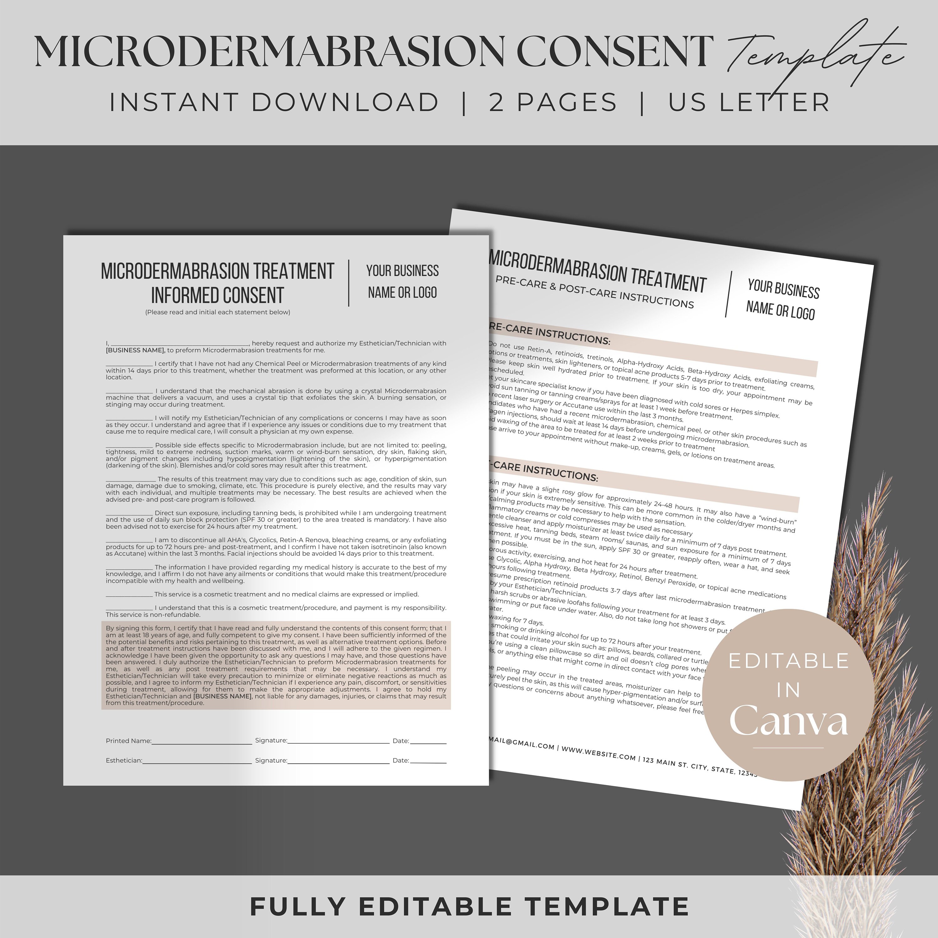 Microdermabrasion Client Consent Forms Editable Esthetician Template Esthetician Business ...