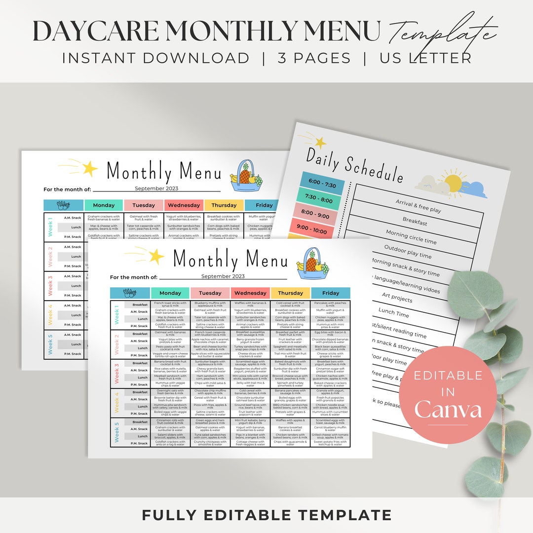 Home Daycare Monthly Menu Template | Home School Meal Planner | Daycare ...