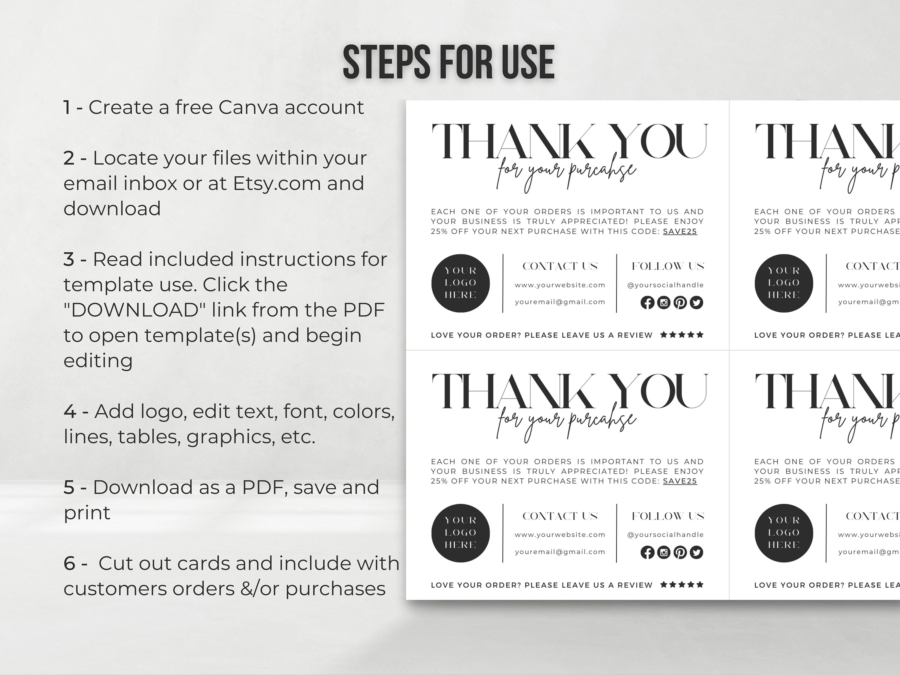 Business Thank You Card Template Editable Thank You Insert Printable ...