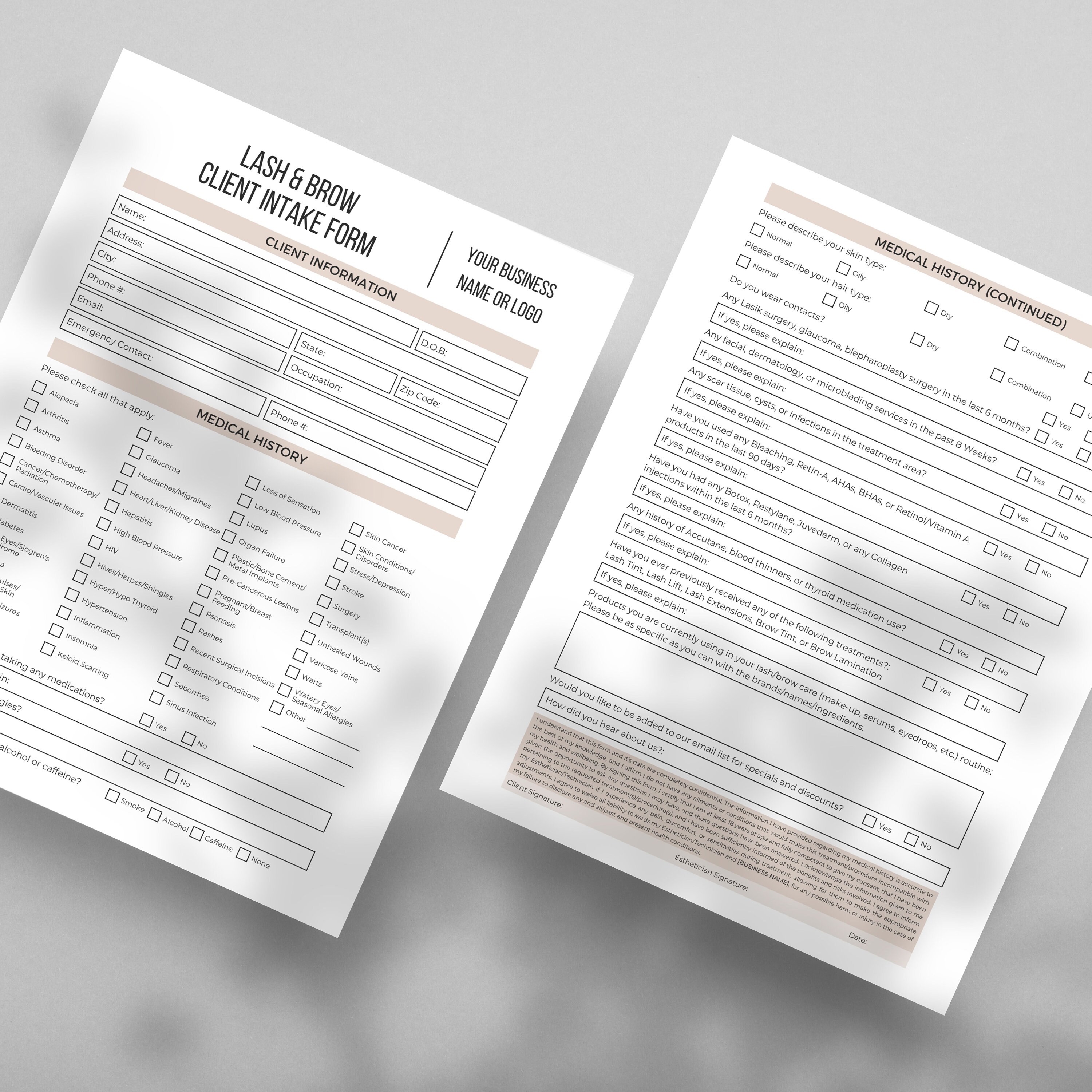 Lash and Brow Client Intake Forms Editable Esthetician Lash and Brow ...