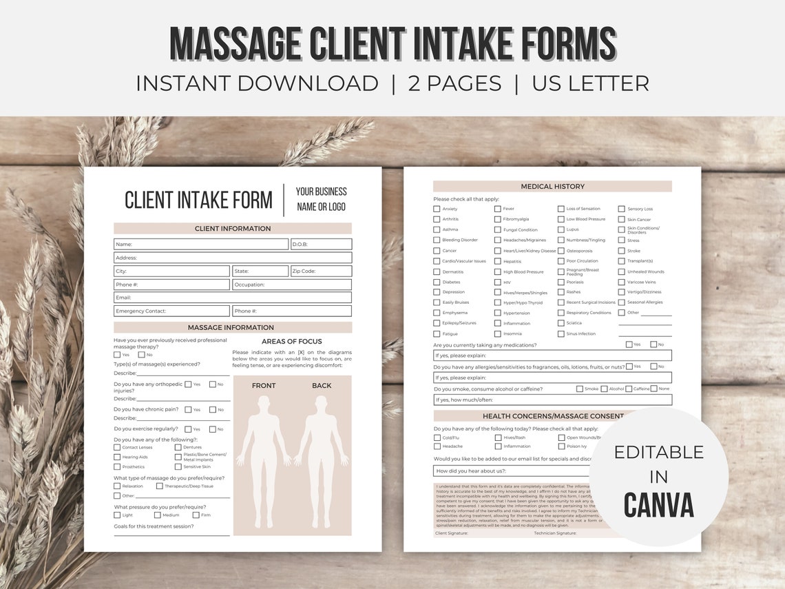 Massage Client Intake and Consent Forms Editable | Massage Therapist ...
