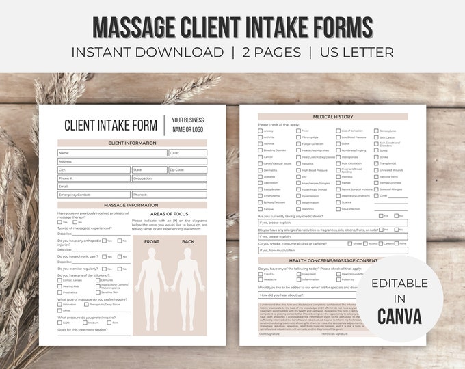 Massage Therapy Client Intake Form - Etsy