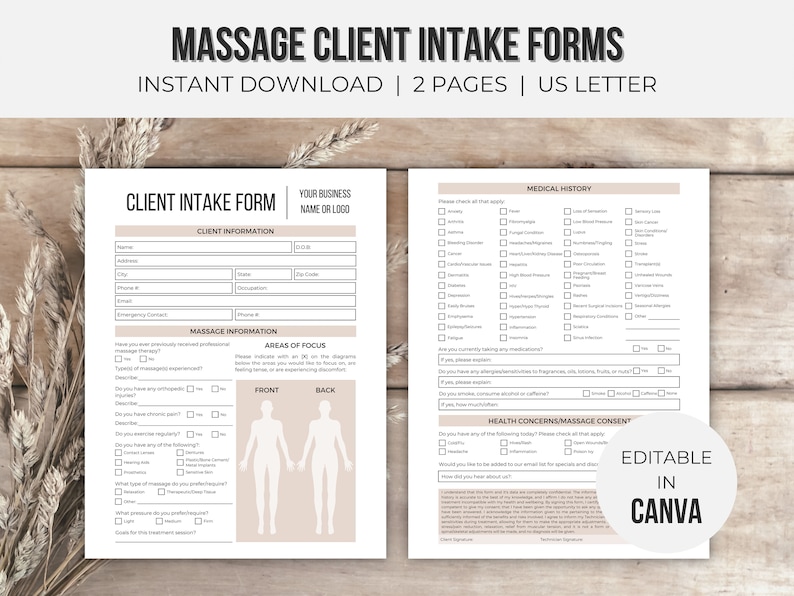 Massage Client Intake and Consent Forms Editable | Massage Therapist ...