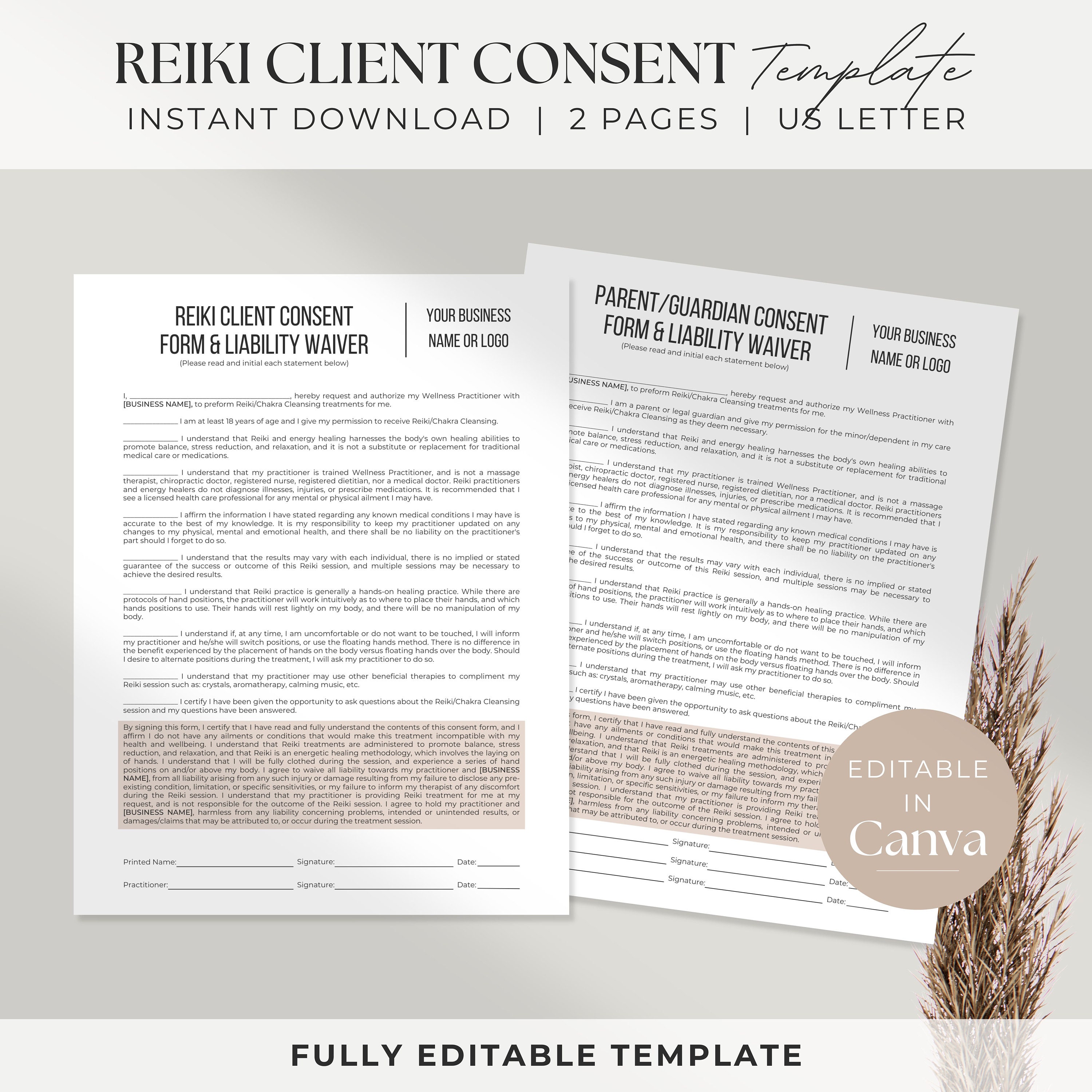 Reiki Consent Form and Liability Waiver Template | Editable Reiki Forms ...