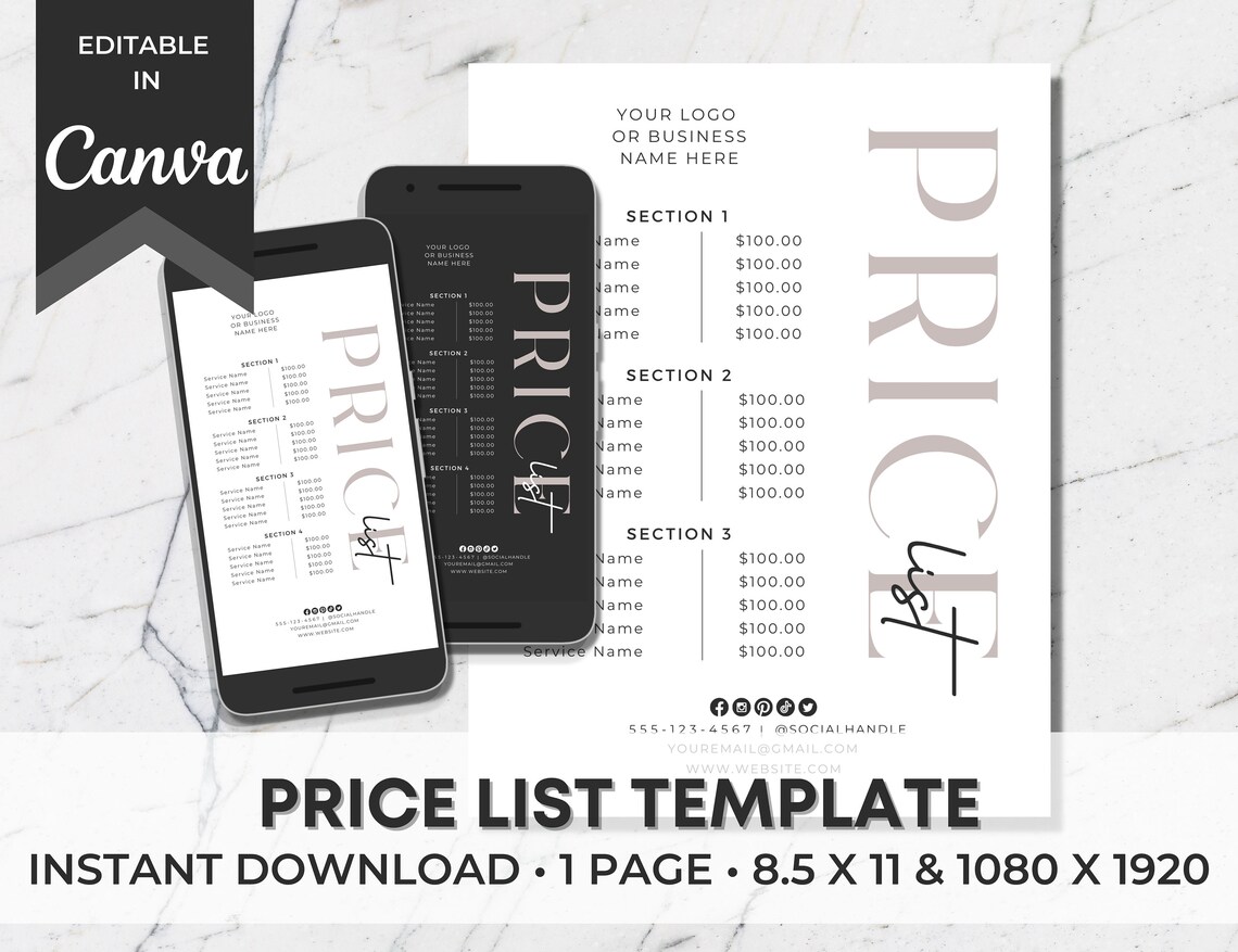 Price List Template Editable Printable Price List DIY - Etsy