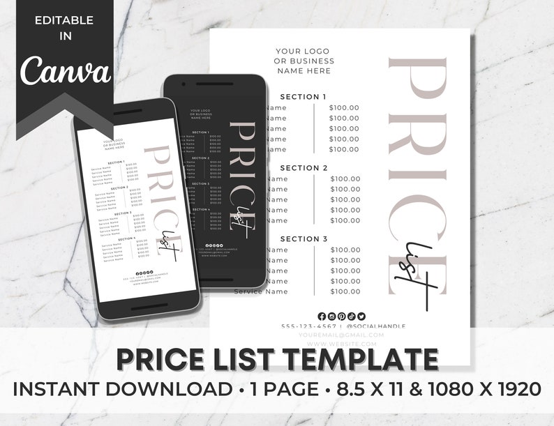 Price List Template Editable Printable Price List DIY - Etsy