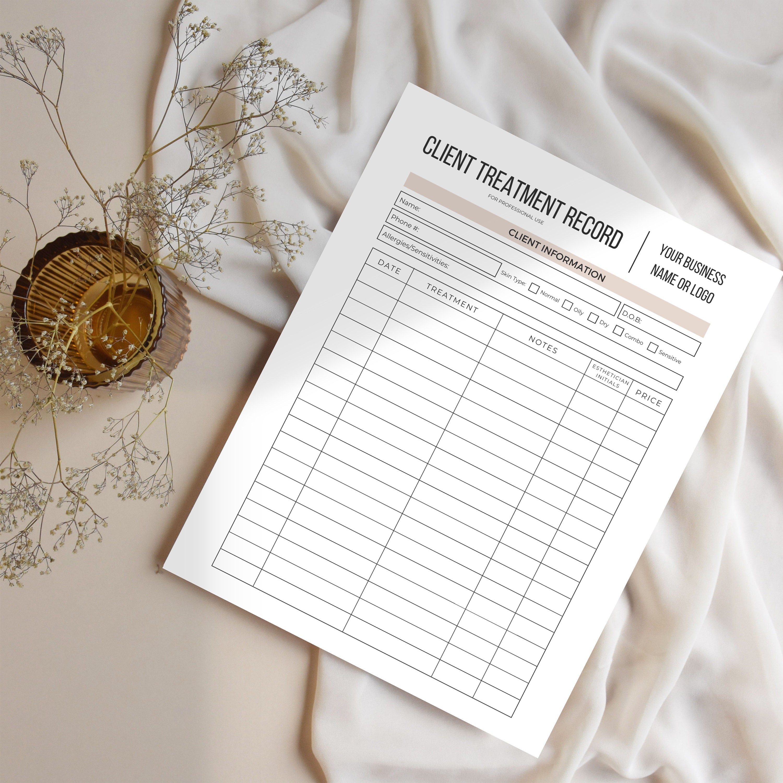 Esthetician Client Treatment Record | Editable Treatment Log ...