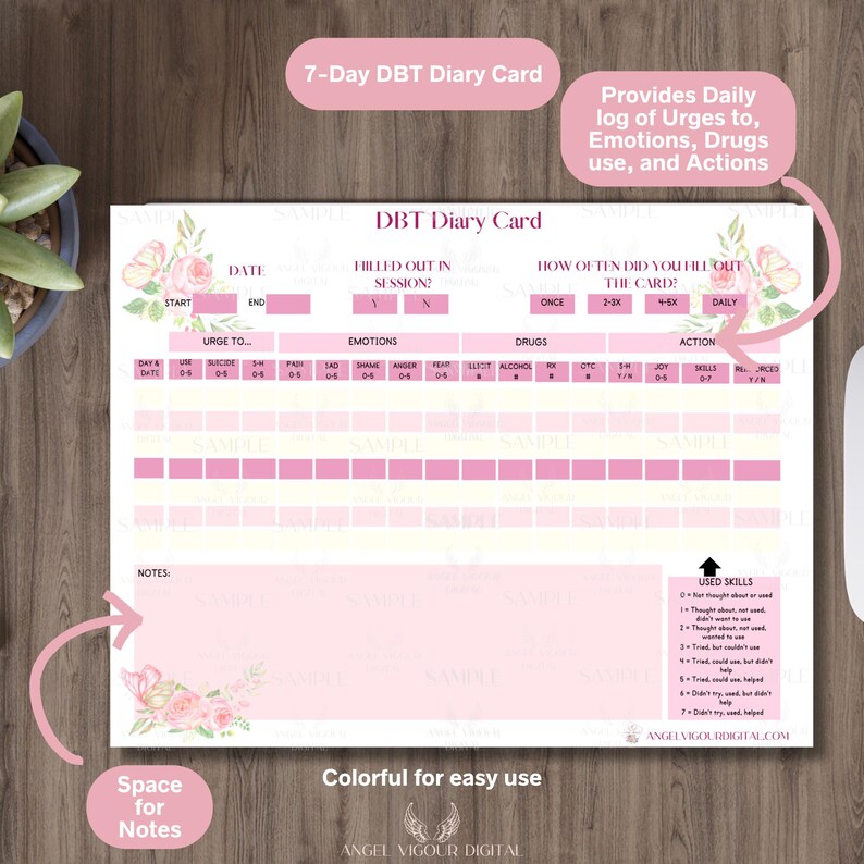Pink Floral Butterfly DBT Diary Cards Template Gift Idea | Therapy ...