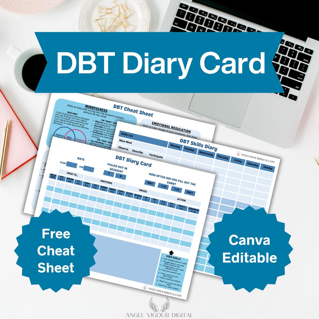 Minimal Blue DBT Diary Cards Template | Therapy Journal Instant Digital ...