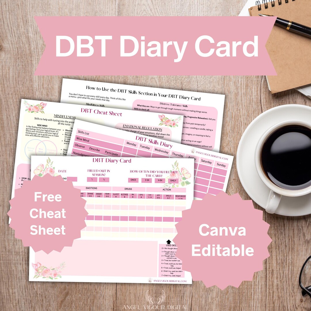 Pink Floral Butterfly DBT Diary Cards Template Gift Idea | Therapy ...