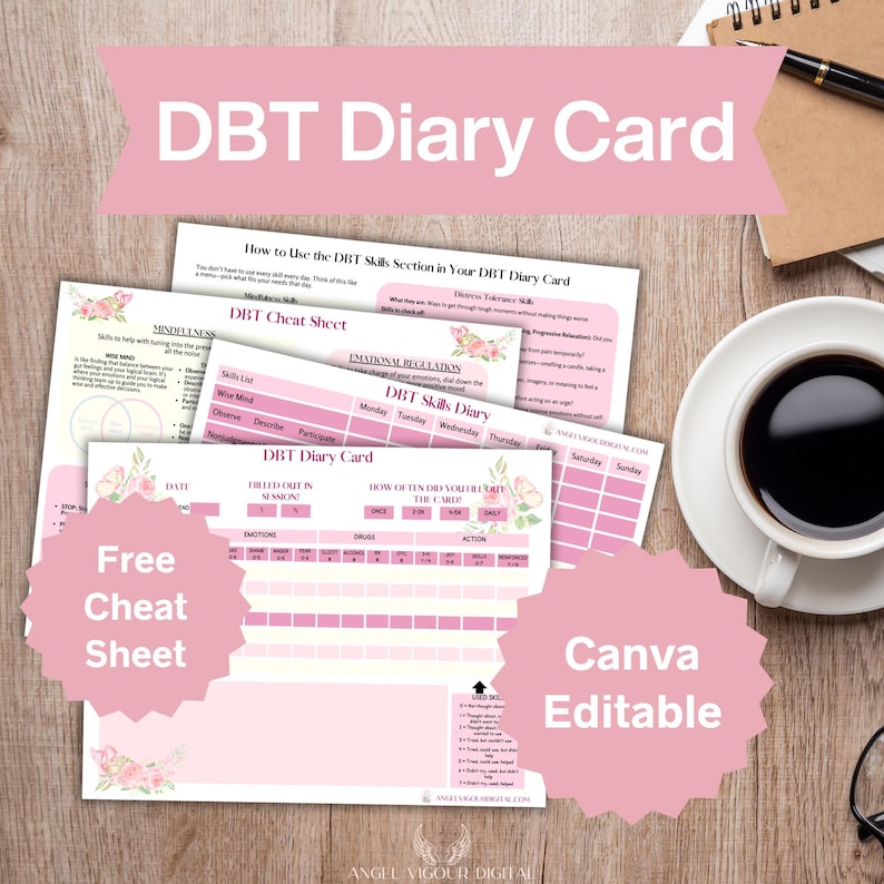 Pink Floral Butterfly DBT Diary Cards Template Gift Idea | Therapy ...