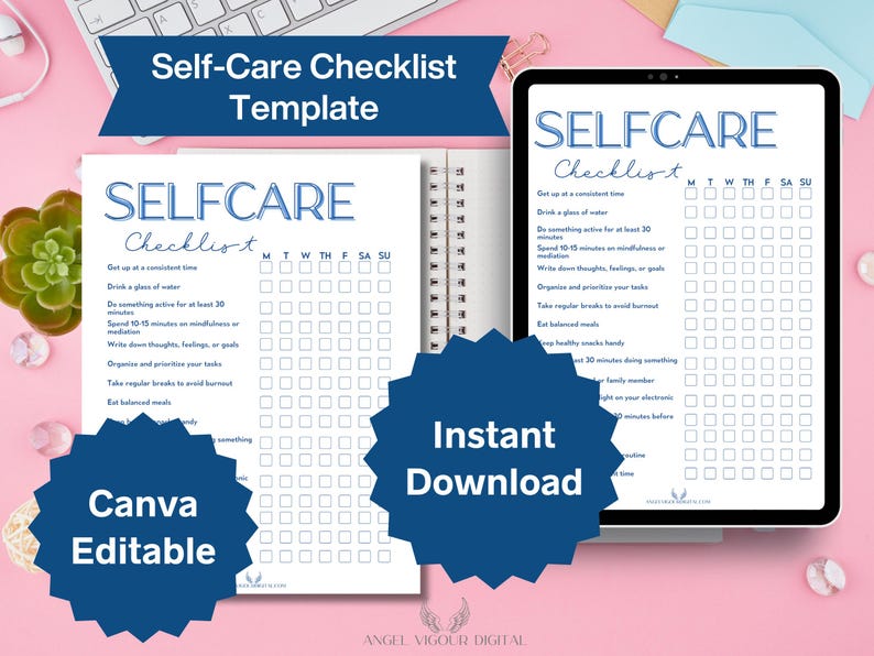 Blue Self-care Checklist | Printable & Canva Editable | Customizable ...