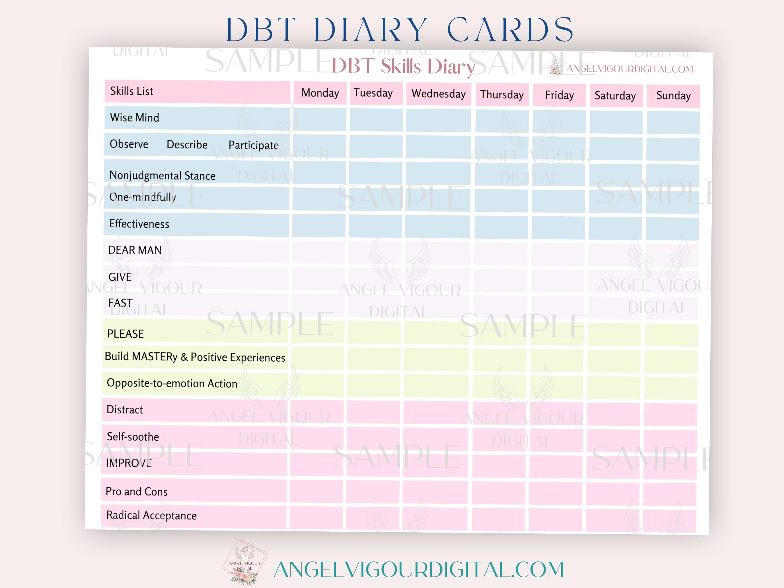 DBT Diary Card Digital Download Printable Light Colors Template - Etsy