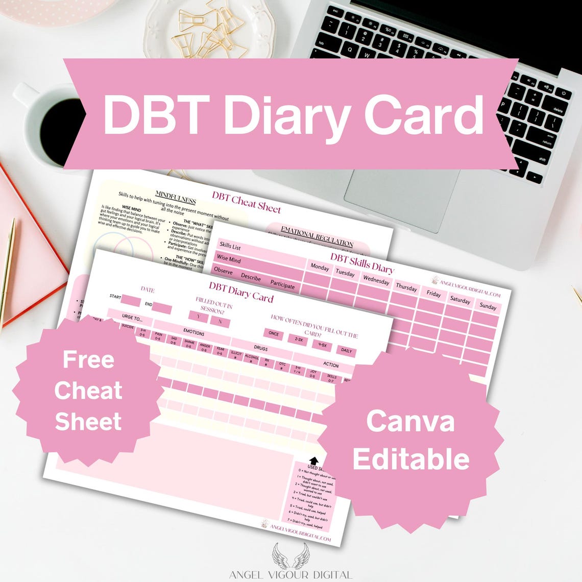 Pink DBT Diary Cards Template Therapy Journal Printable DBT Skills Tracker Canva Editable - Etsy