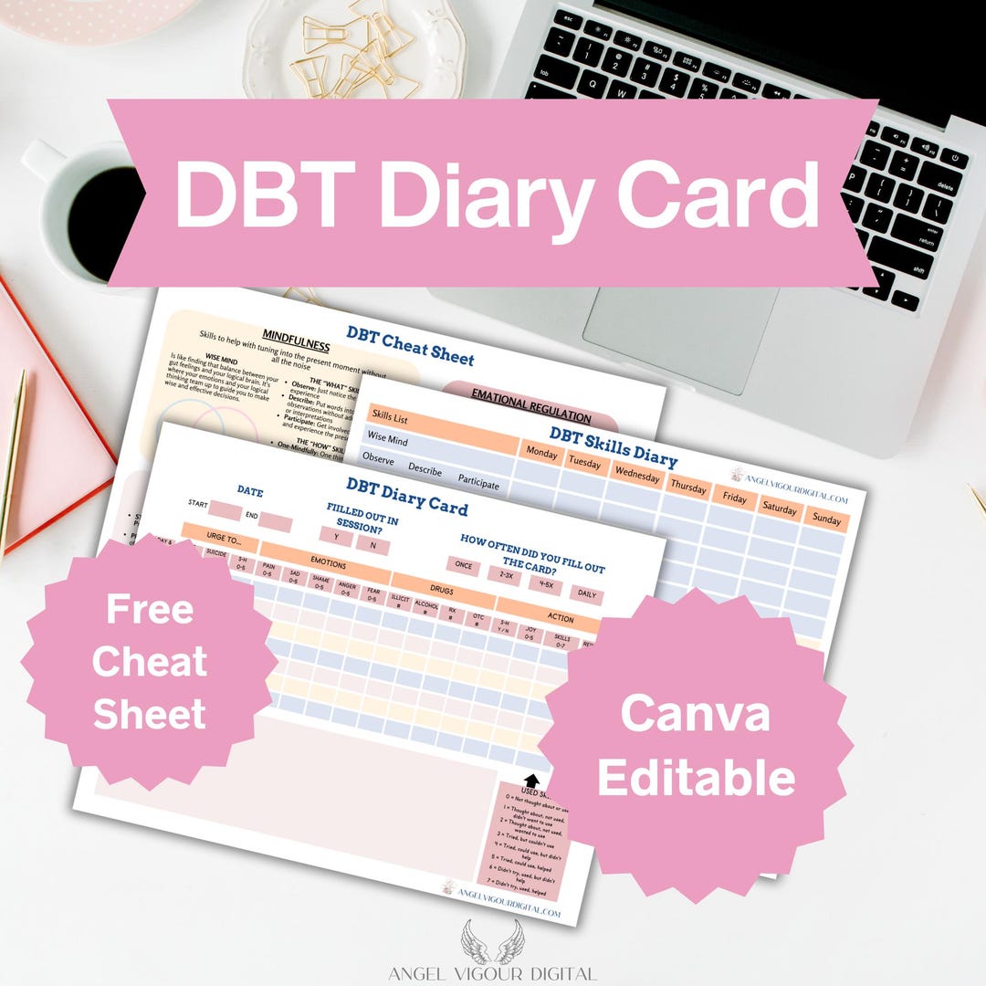Pink Minimal DBT Diary Cards Template Mental Health Log Canva Editable ...