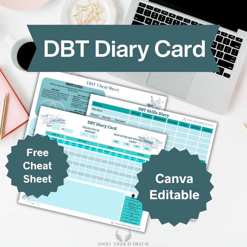 DBT Diary Card Instant Download Print Worksheet | Blue Floral Whale ...