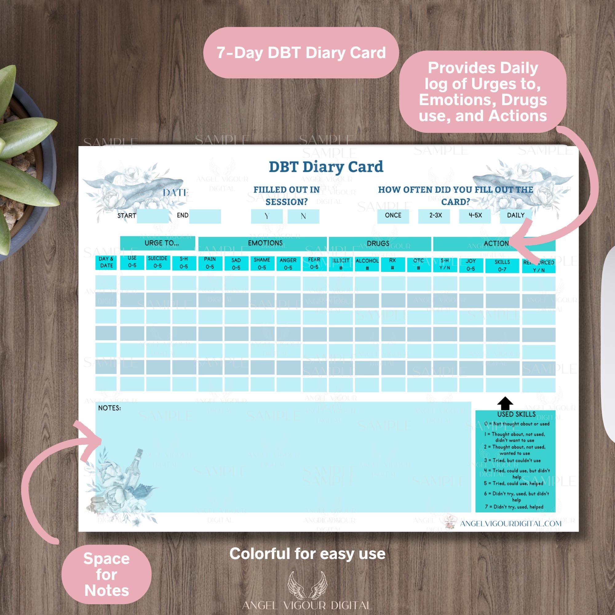 DBT Diary Card Instant Download Print Worksheet Blue Floral Whale ...