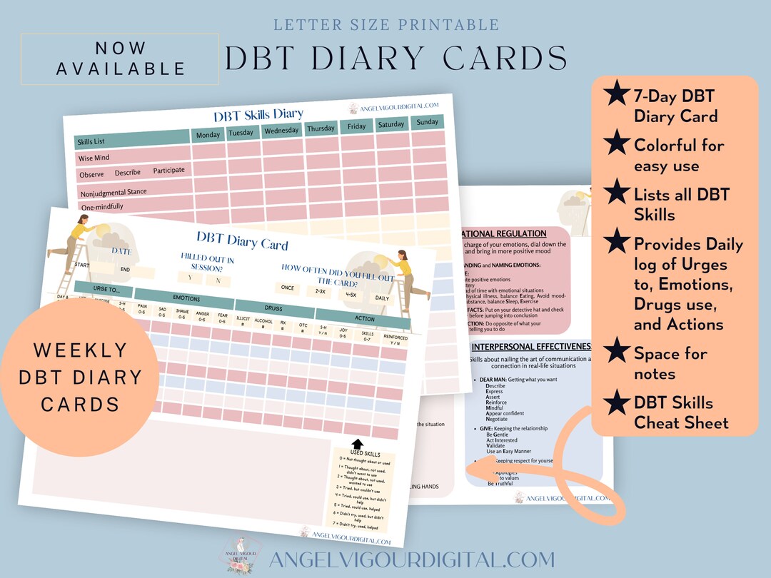 DBT Diary Card Digital Printable Templates Milennial Pink Templates - Etsy