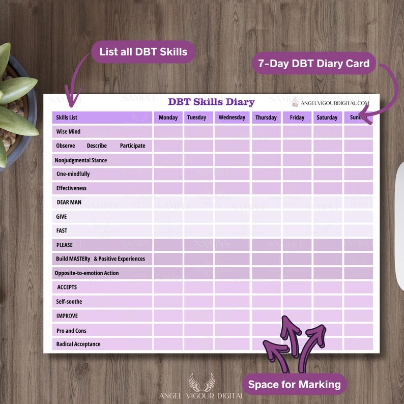 Minimal Purple DBT Diary Cards Template | Therapy Aid Worksheet Gift ...