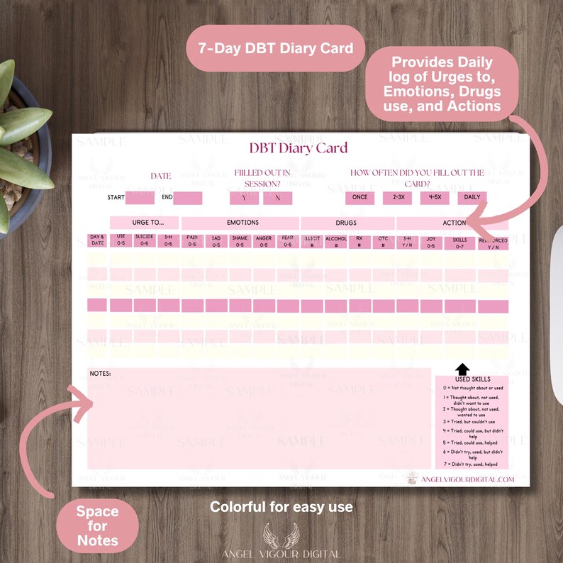 Pink DBT Diary Cards Template | Therapy Journal Instant Digital Download Print Gift Idea | DBT ...