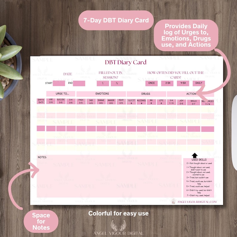 Pink DBT Diary Cards Template Therapy Journal Instant Digital Download ...