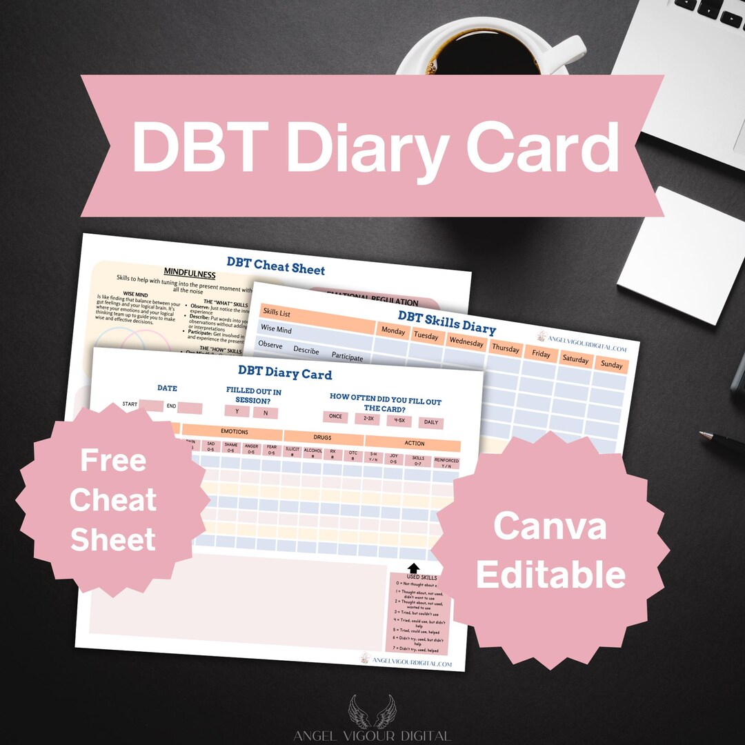 Pink Minimal DBT Diary Cards Template | Mental Health Log Canva ...