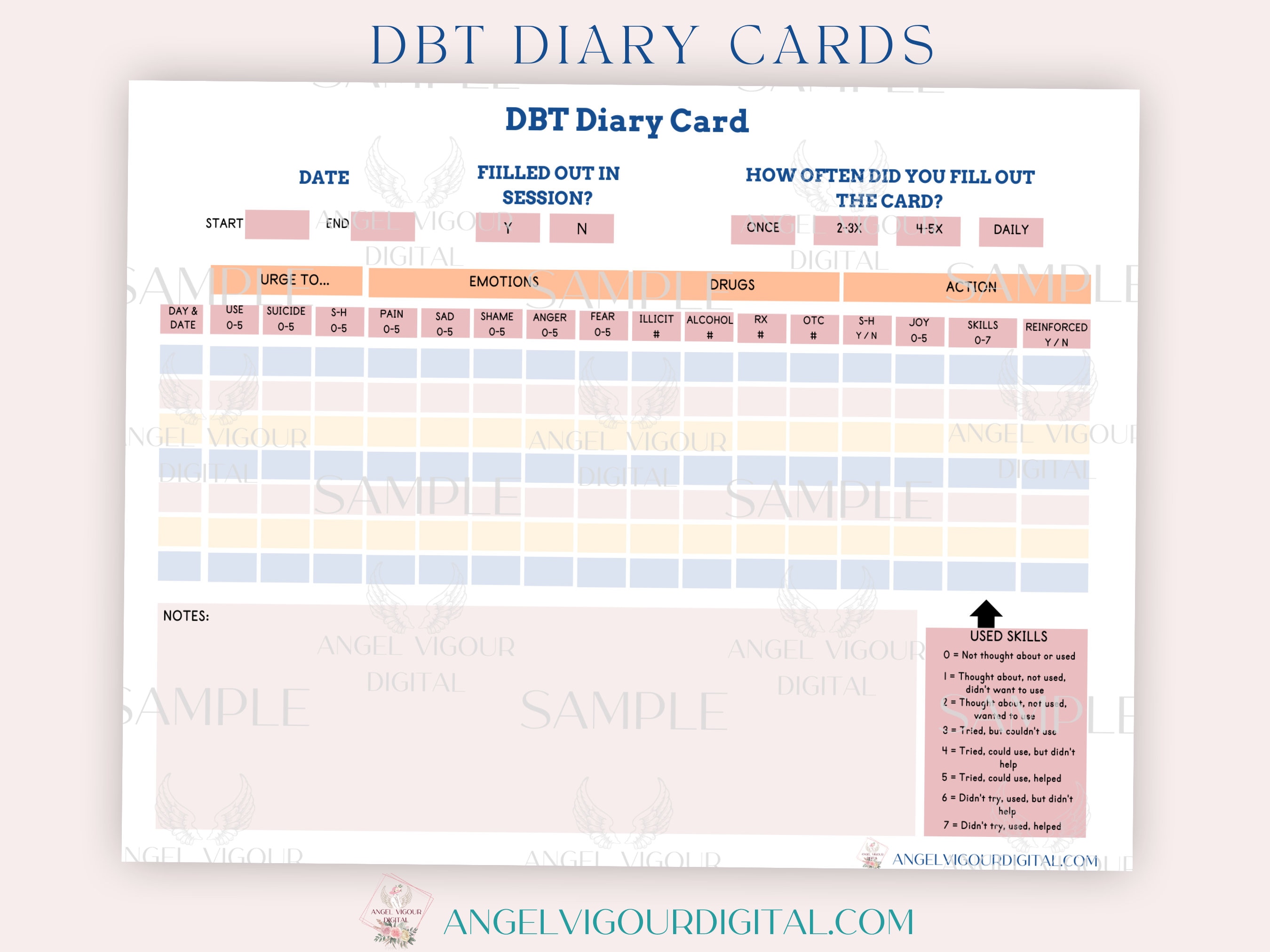 DBT Diary Card Digital Download Printable Basic Milennial Pink Template ...