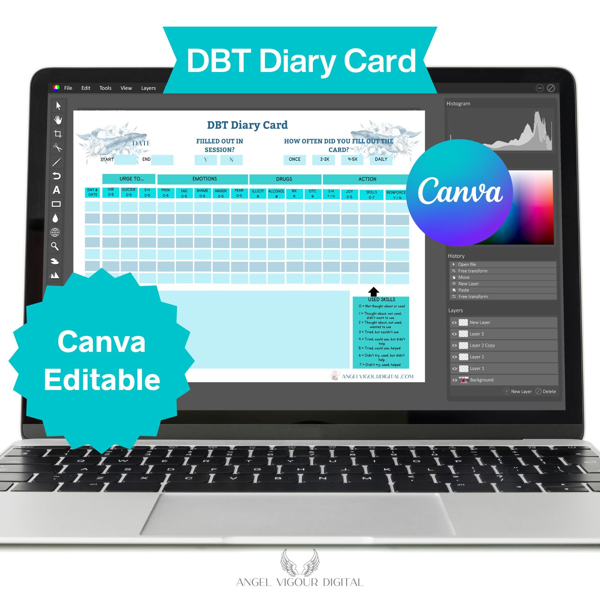 DBT Diary Card Instant Download Print Worksheet Blue Floral Whale ...