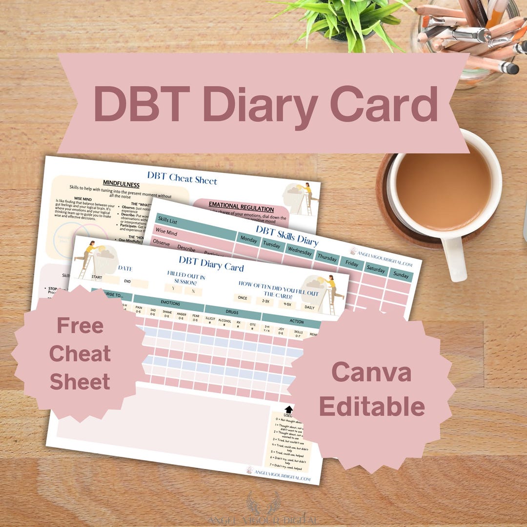 Modern Pink DBT Diary Cards Template Gift Idea | Mental Health Log ...