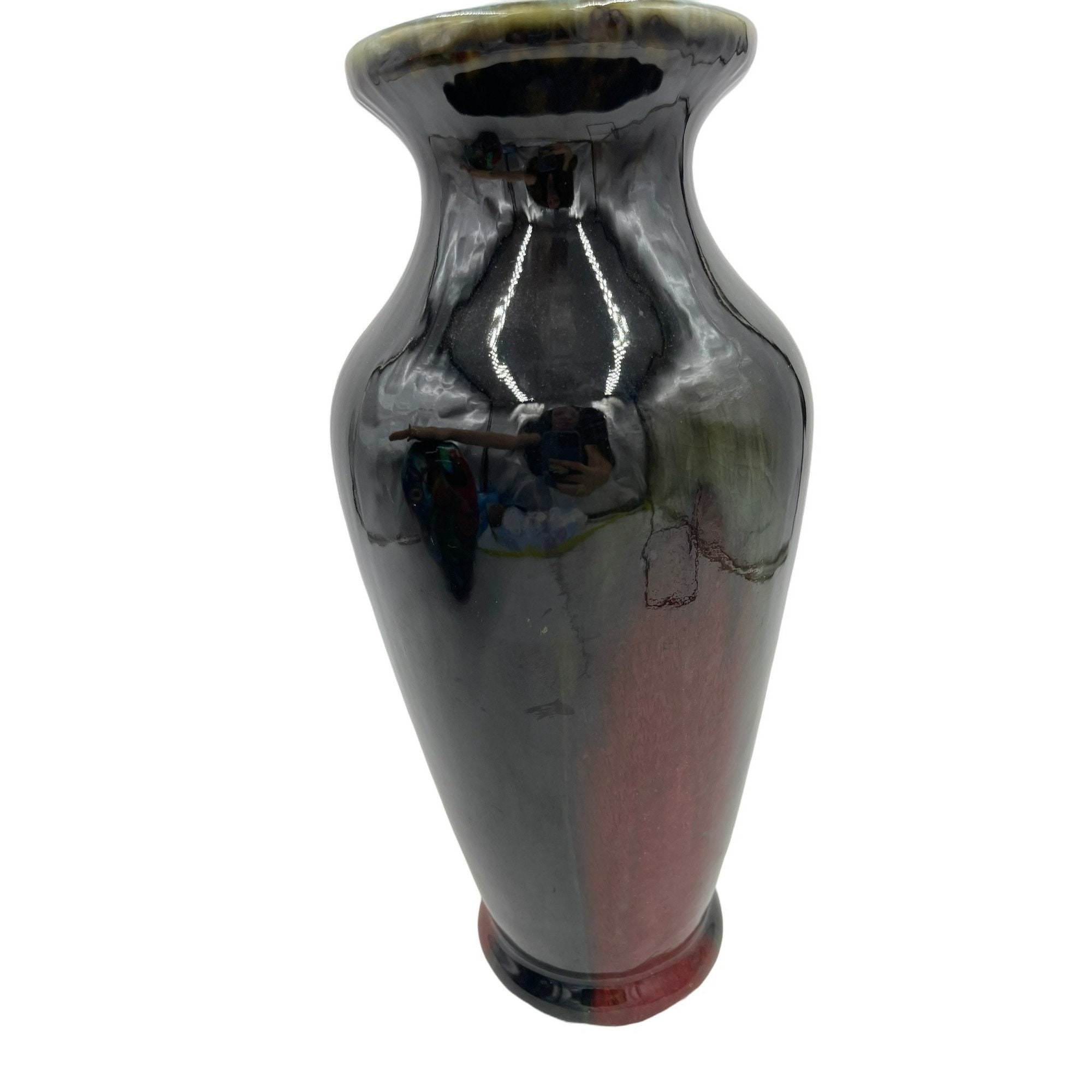 Vtg Hosley TM Potteries Brown Burgundy Black Ombre Drip Glaze Vase 12 ...