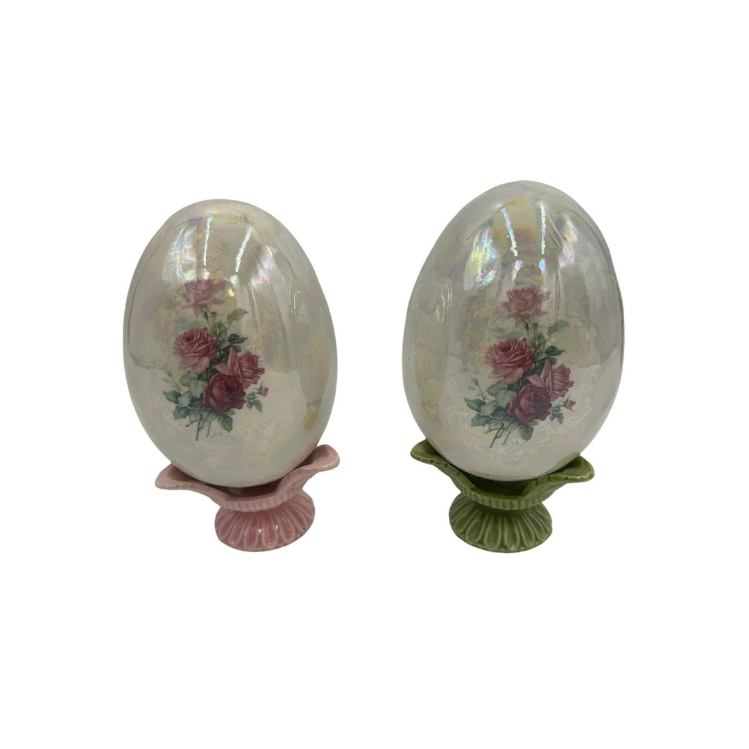 2 Hobbyist Hand Painted Ceramic Easter Eggs Floral Iridescent Matching ...