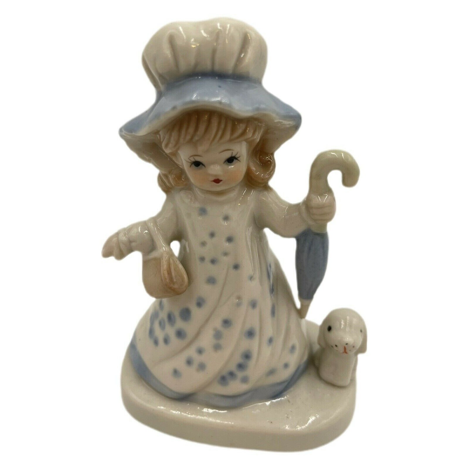 Enesco Ceramic Girl Figurine in Blue, Holds Parasol Umbrella With Puppy ...