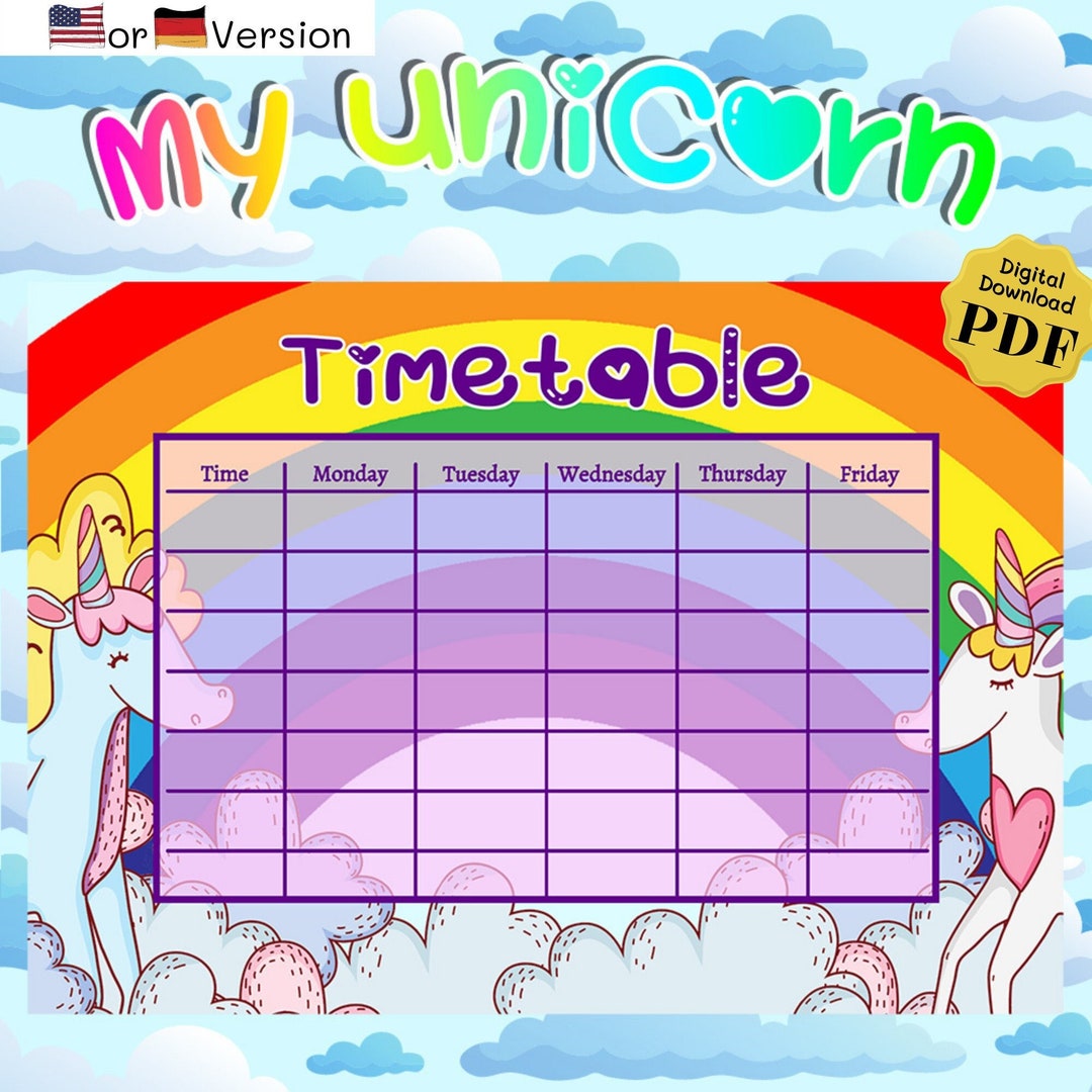 Unicorn Timetable for Kids | German and English Timetable Printable for ...