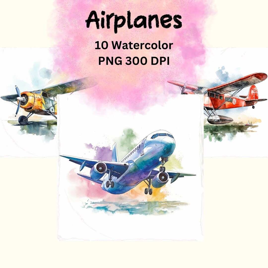 10 Colorful Airplane Sublimation PNG | Watercolor Images | Watercolor ...
