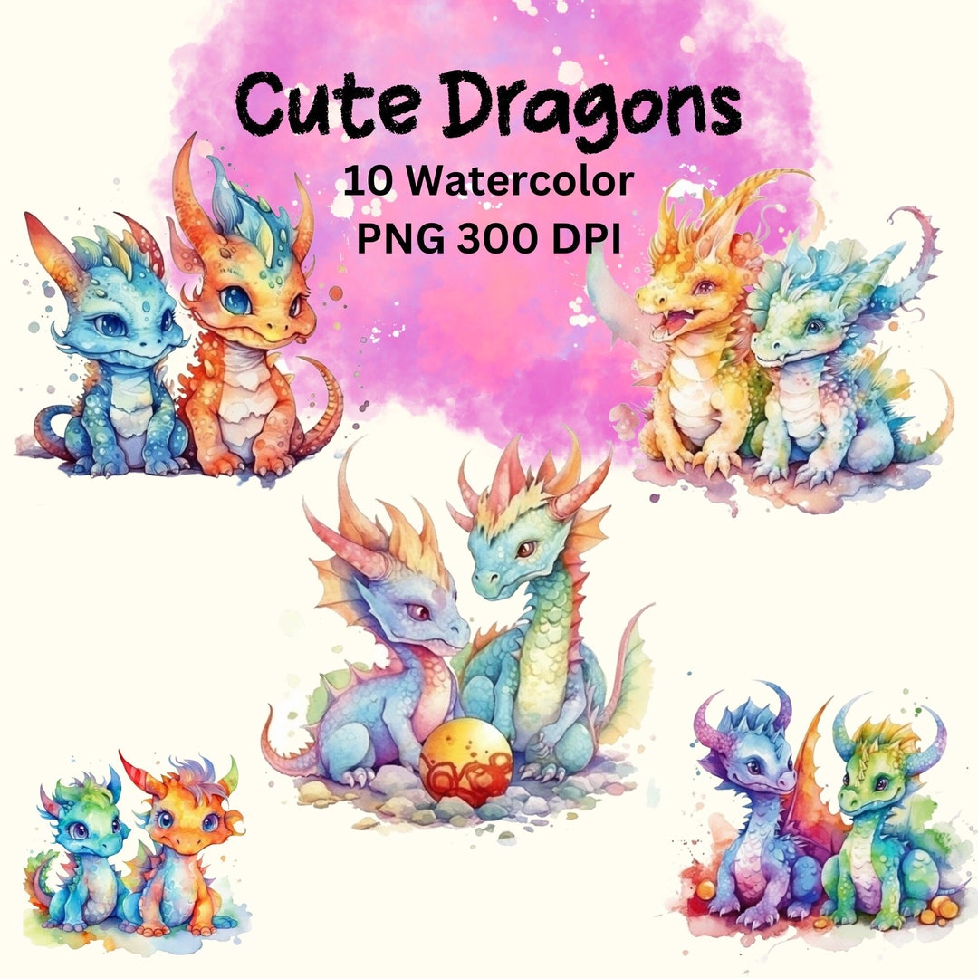 10 Cute Baby Dragon Watercolor PNG | Sublimation Images | Watercolour ...
