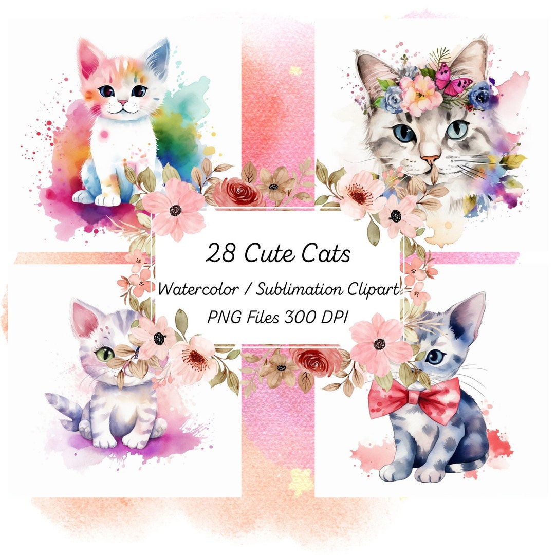 28 Cute Cats Sublimation PNG | Watercolor Images | Watercolor Digital ...