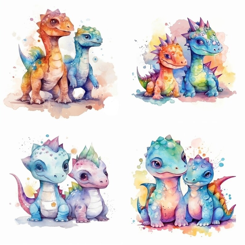 10 Cute Baby Dino Watercolor PNG Sublimation Images Watercolour Digital ...