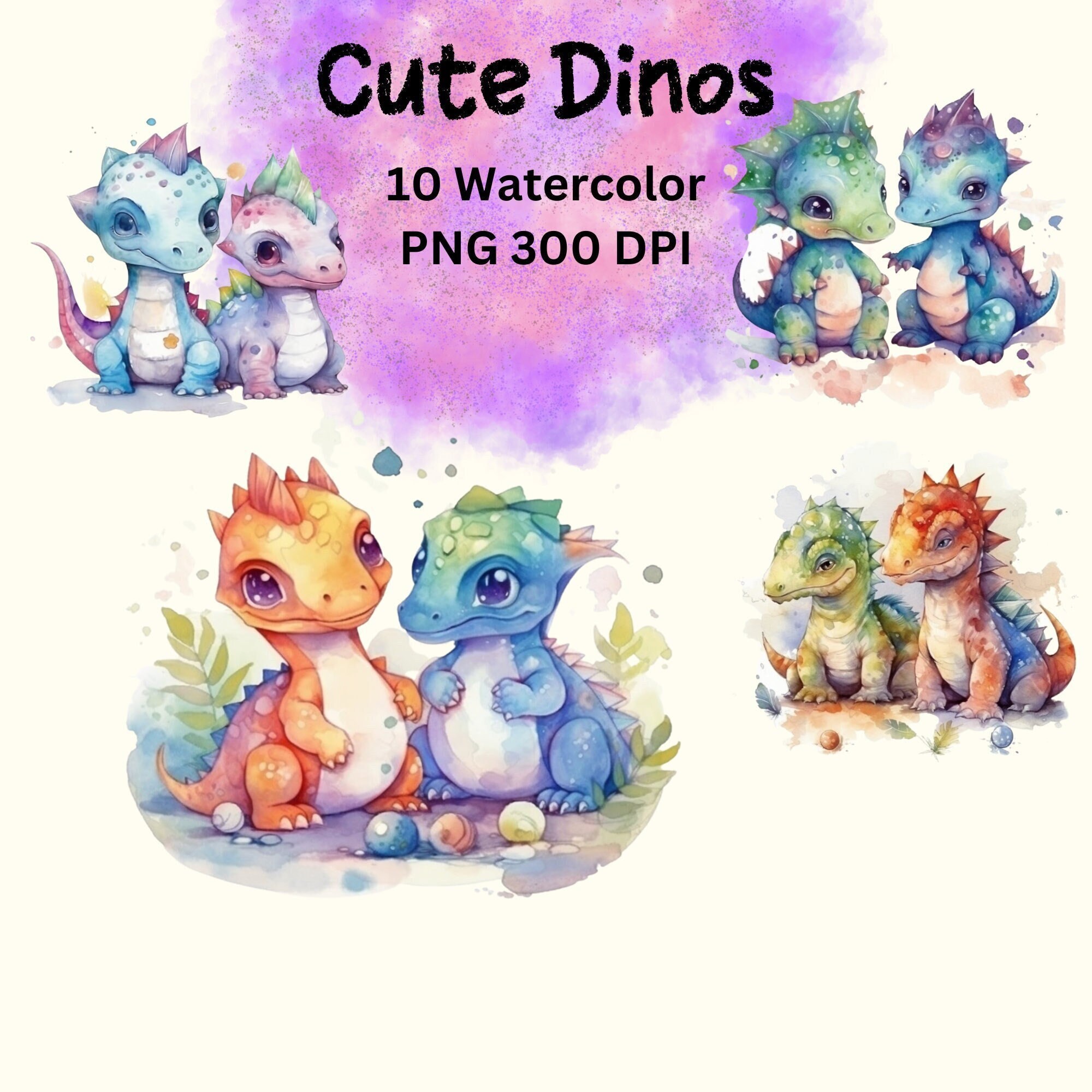 10 Cute Baby Dino Watercolor PNG Sublimation Images Watercolour Digital ...