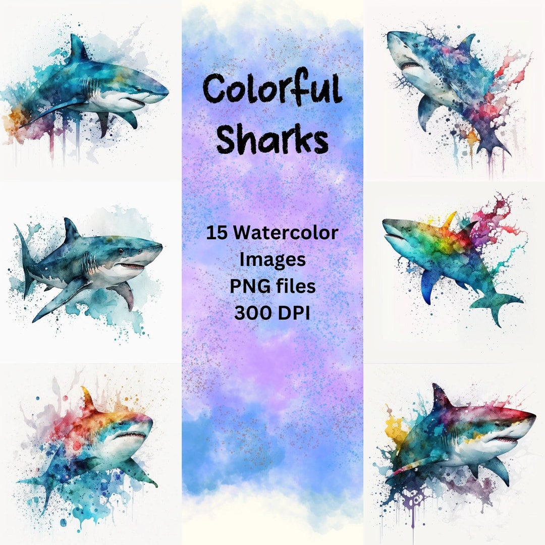 15 Sharks Sublimation PNG | Watercolour Images | Watercolor Digital Art ...