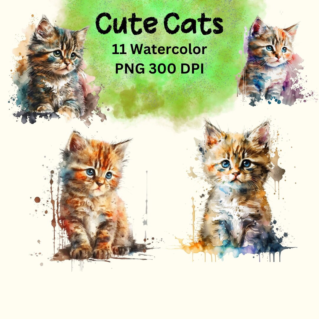 11 Cute Cat Sublimation PNG | Watercolour Images | Watercolor Digital ...