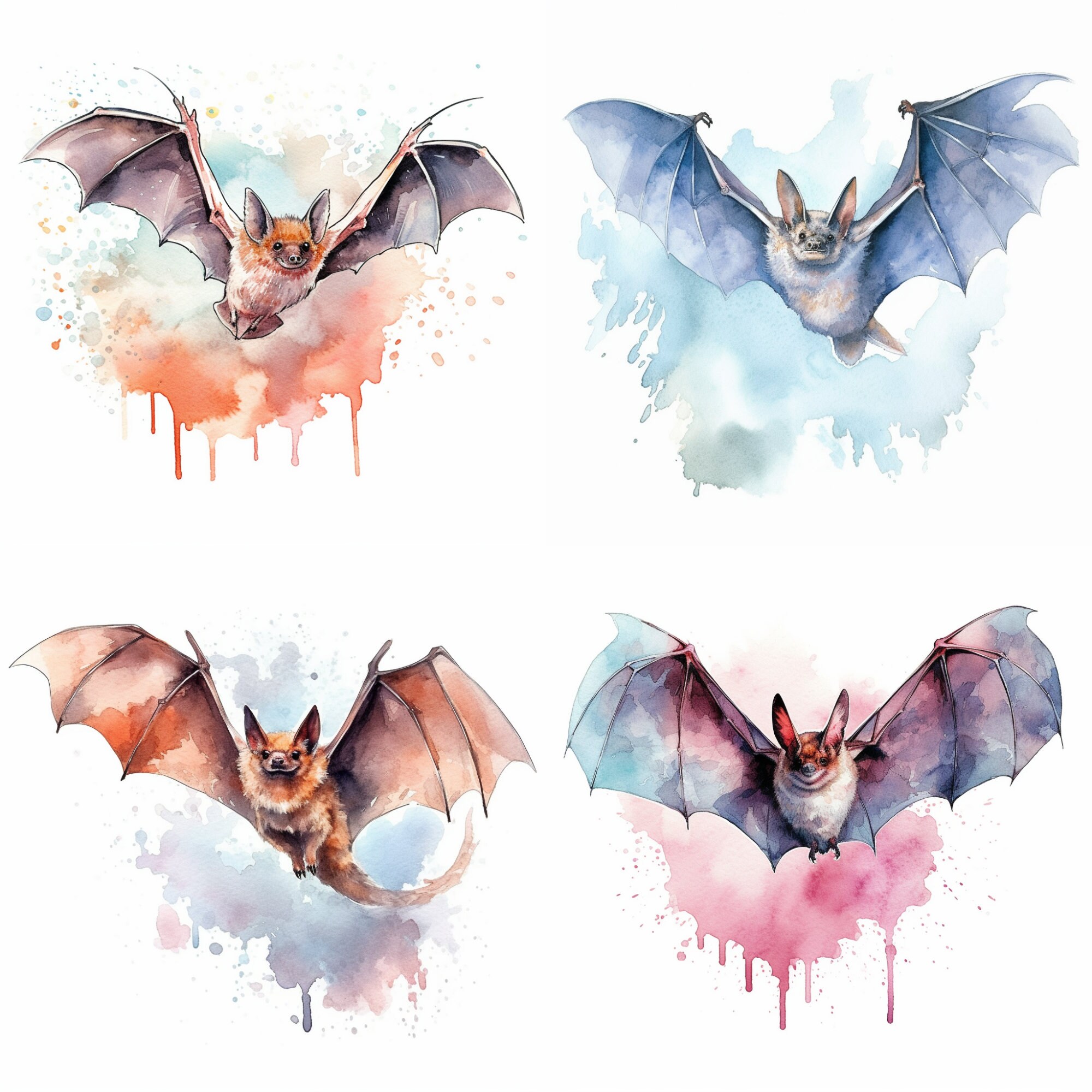10 Colorful Bats Watercolor PNG Sublimation Images Watercolor Digital ...