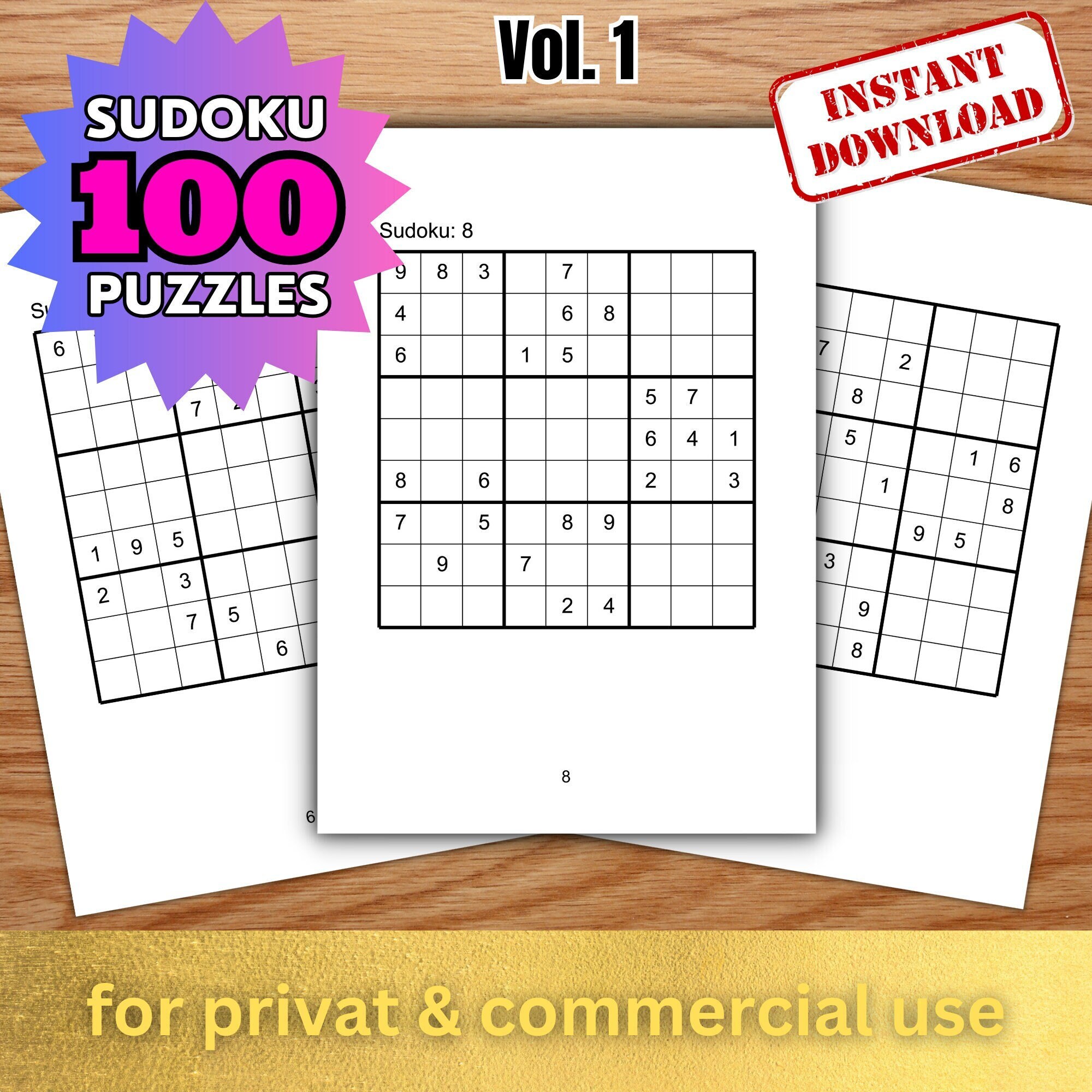 100 Sudoku Medium and Hard Vol 1 Digital Puzzle Games Sudoku Printable ...