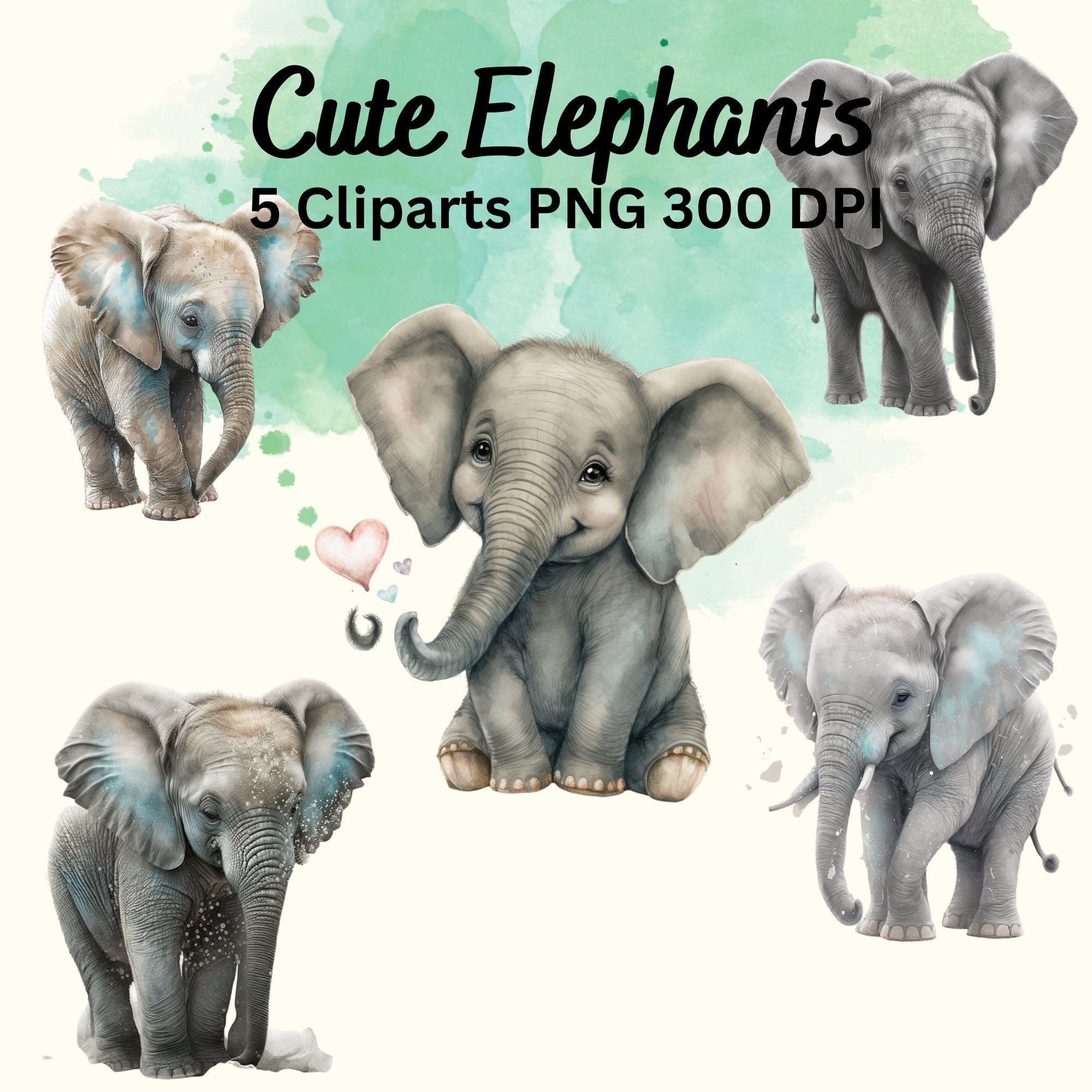 5 Cute Elephant Sublimation PNG Watercolour Images Watercolor Digital ...
