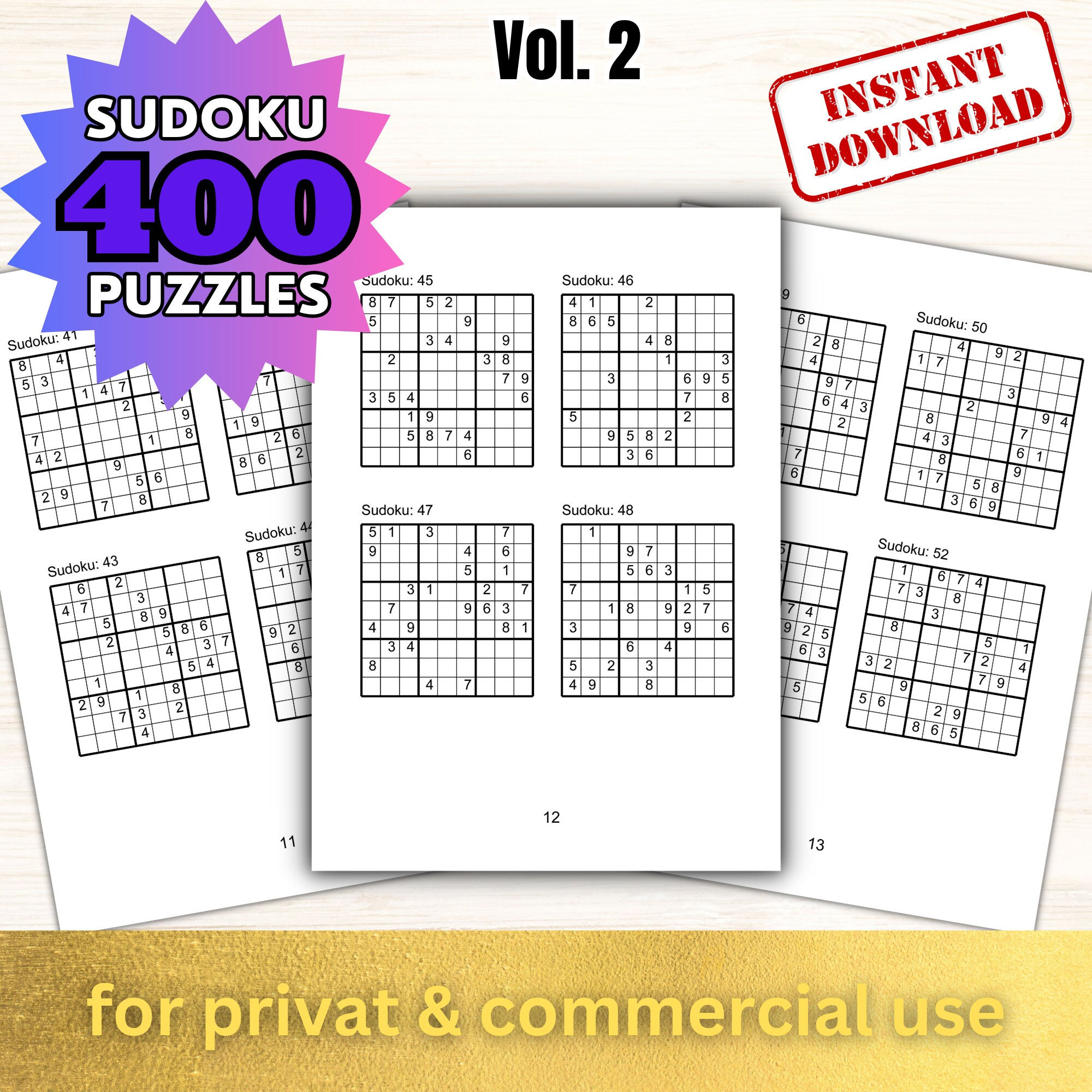 400 Sudoku Medium and Hard Vol 2 Digital Puzzle Games Sudoku Printable ...