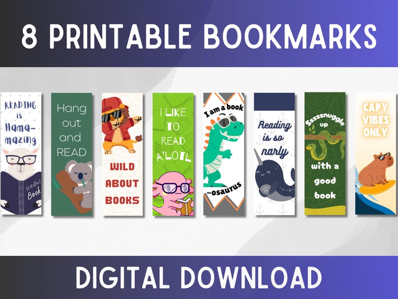 Set of 8 Printable Animal Bookmarks for Kids | Digital Download ...