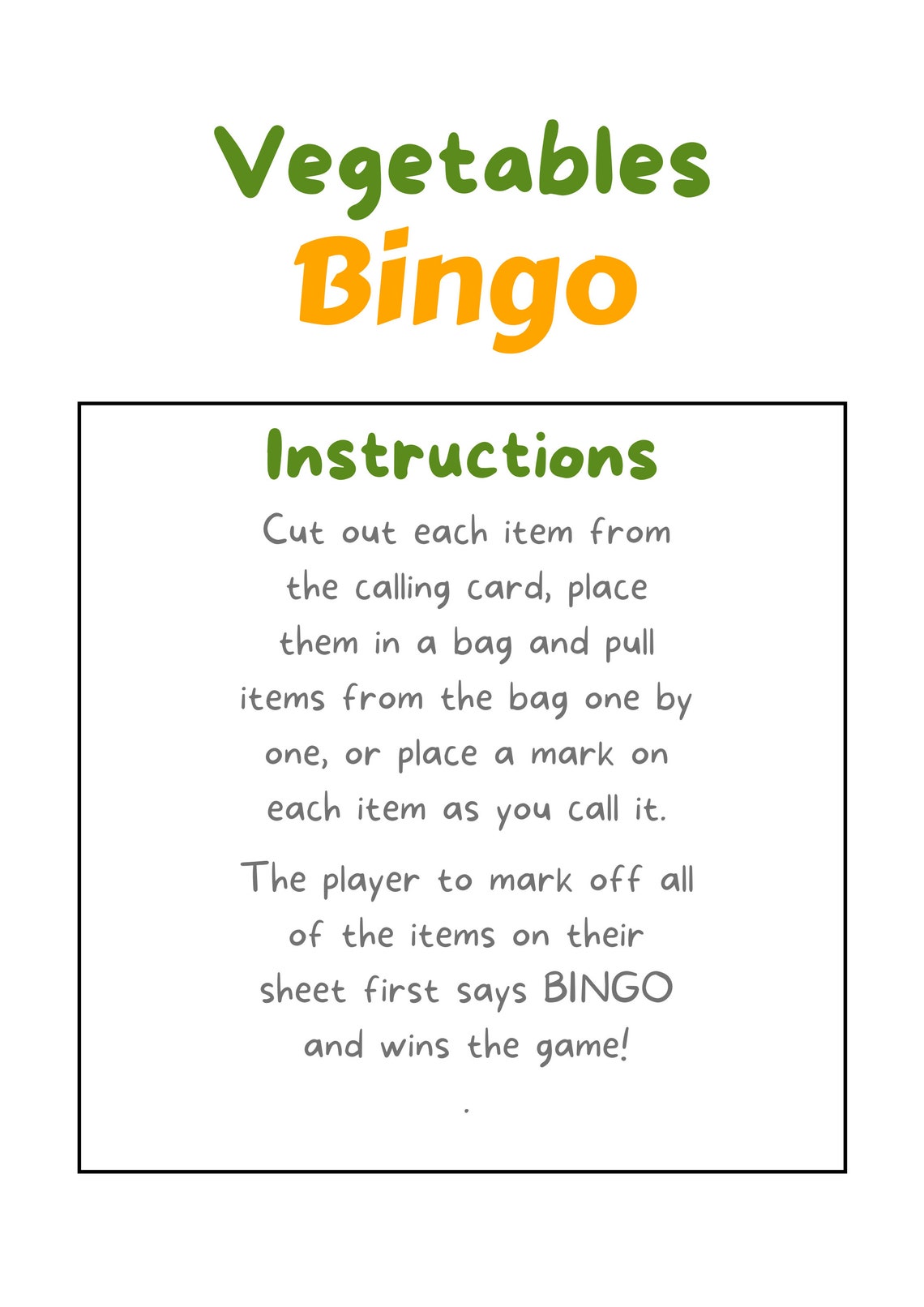 Printable VEGETABLE Themed BINGO Game for Preschool, Toddlers ...