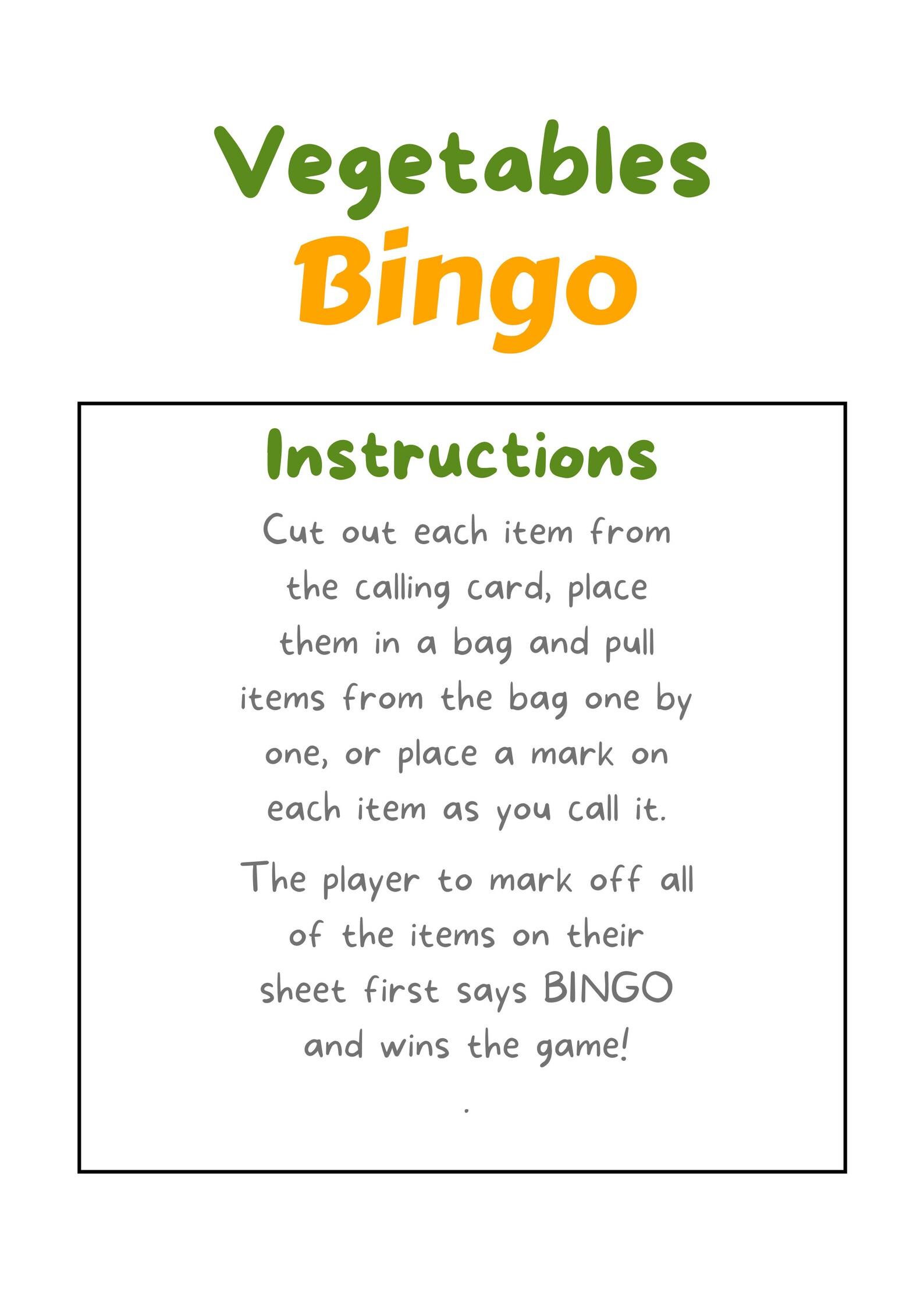 Printable VEGETABLE Themed BINGO Game for Preschool, Toddlers ...