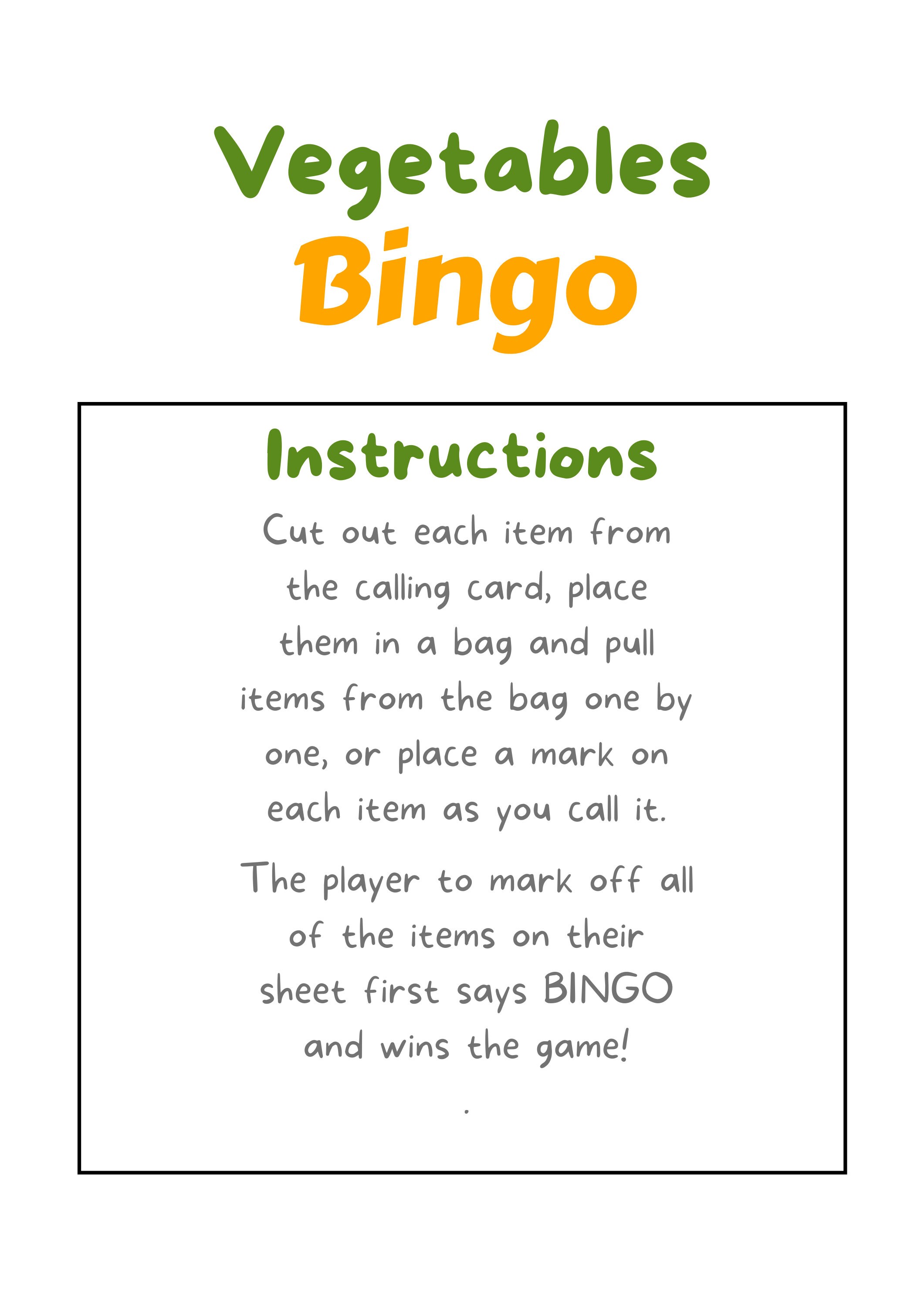 Printable VEGETABLE Themed BINGO Game for Preschool, Toddlers ...