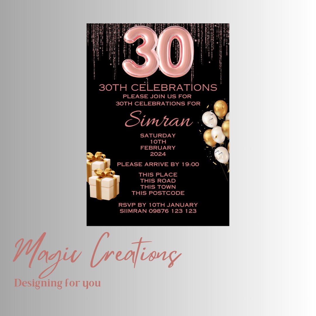 30th Birthday Invitation, Editable 30th, Invite Black & Rose Gold ...