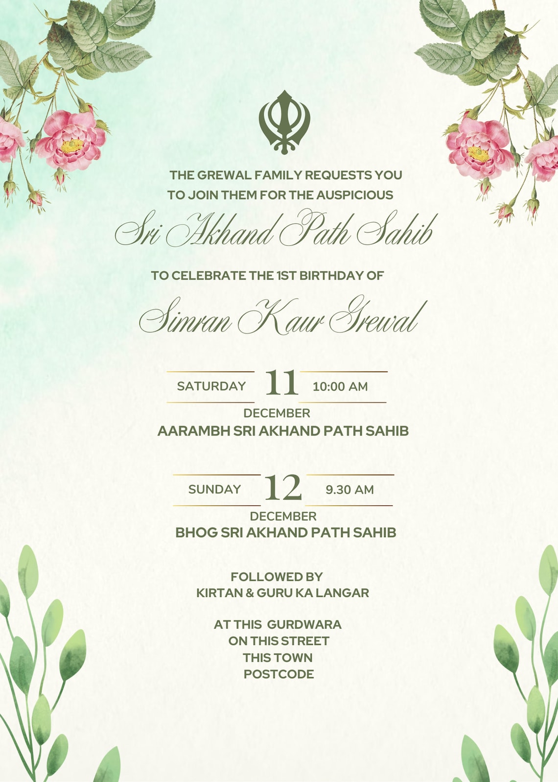 Sri Akhand Path Sahib Path Invitation Template Digital Any Age I Akhand ...